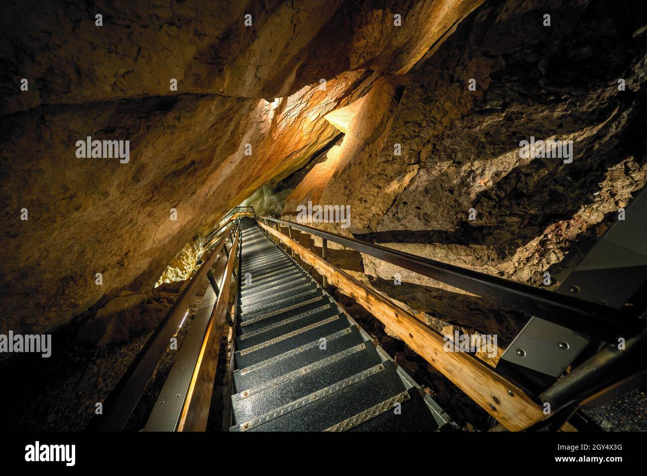 Steep stairway inside the Dachstein Rieseneishöhle, a giant ice cave in ...