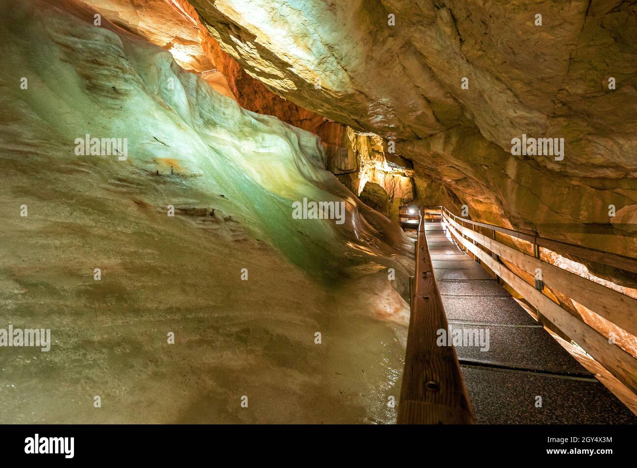 Walkway passing a massive wall of ice inside the Dachstein ...