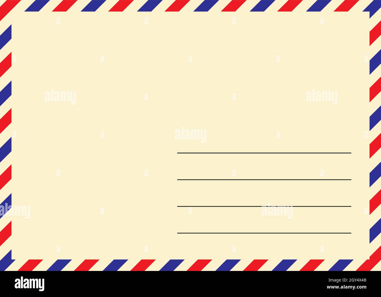 Airmail envelope. Old yellow postcard with diagonal stripes in red and ...