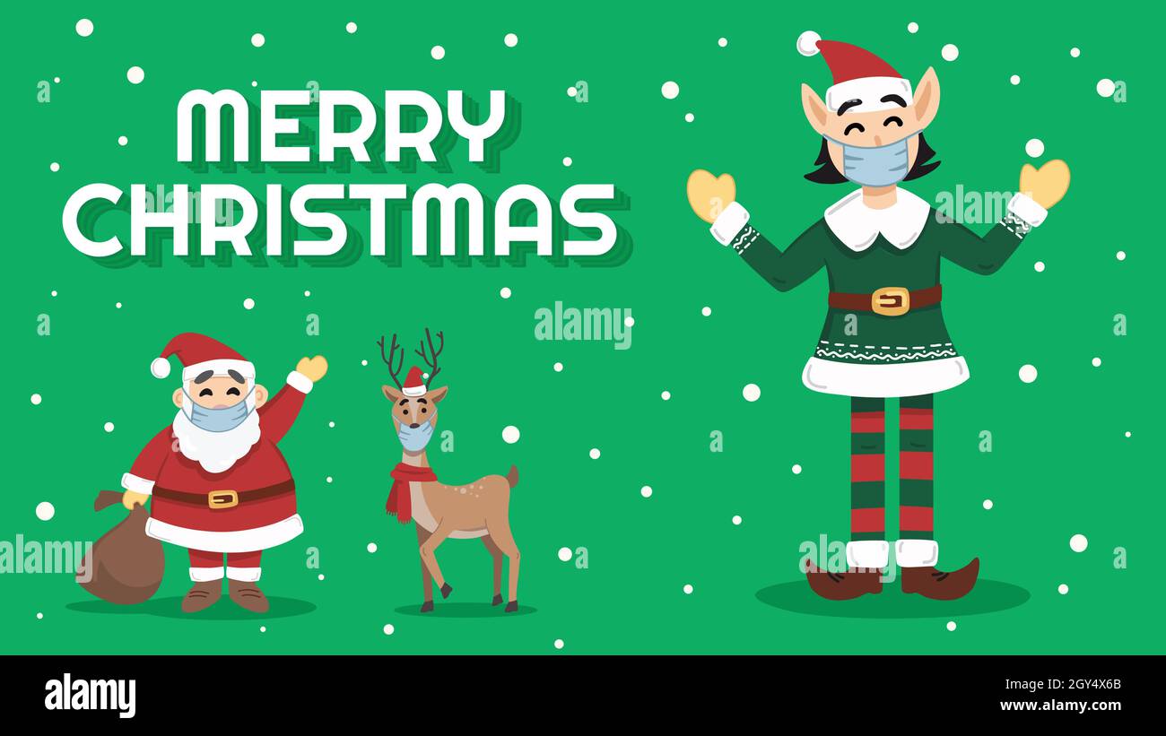 Funny elf happily waving hand while wearing protective face mask. Elf ...