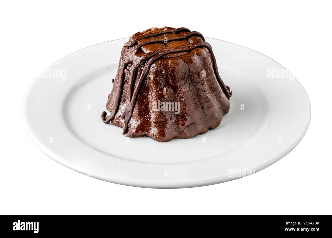 Chocolate souffle on white porcelain plate on an isolated white ...