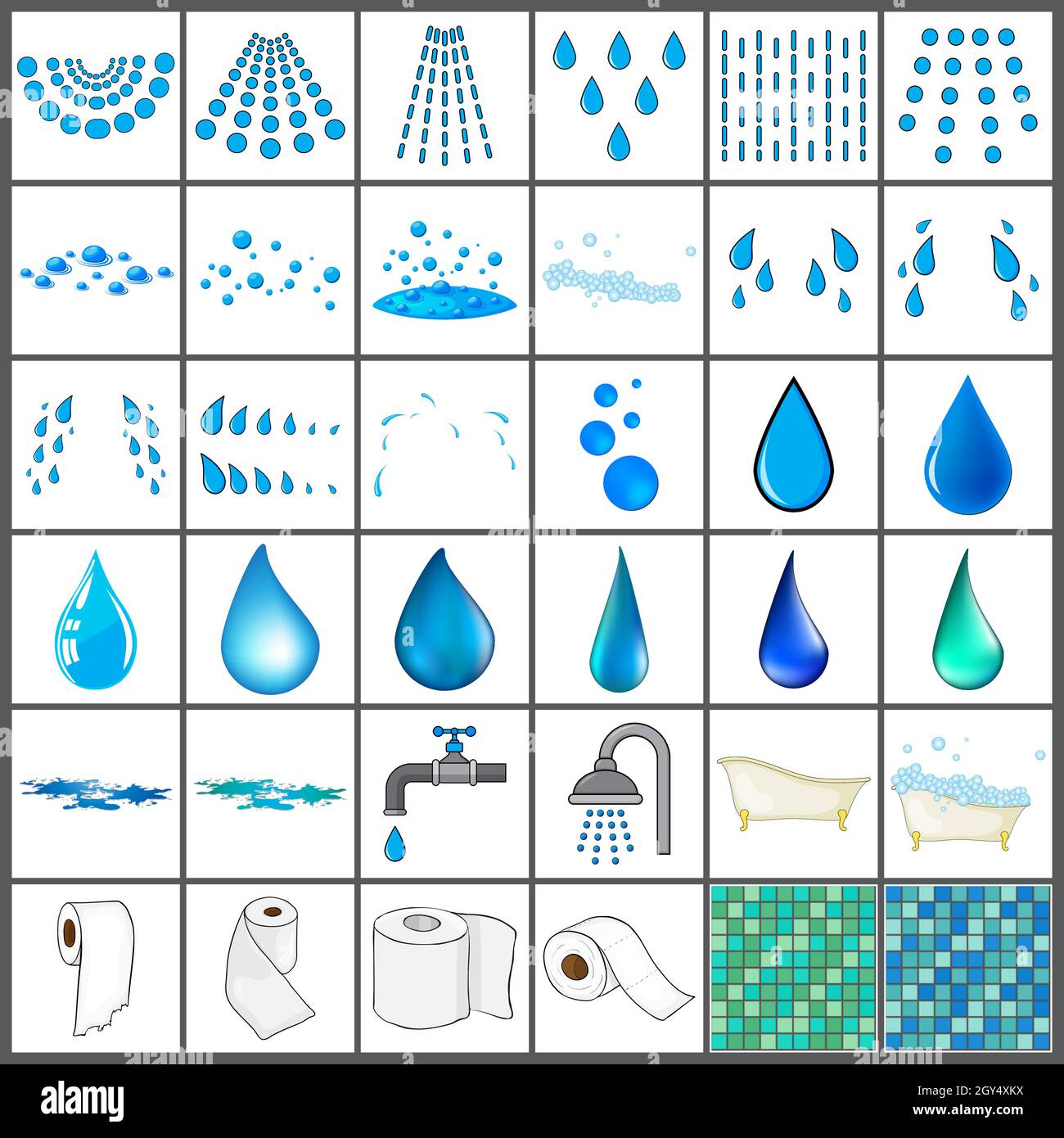 Bathroom symbol set. Template of water drop and spray, shower, bathtub ...