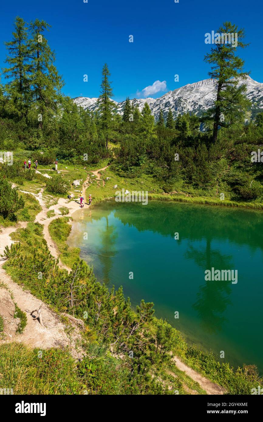 Hikers exploring the shore of the mountain lake Märchensee, literally ...