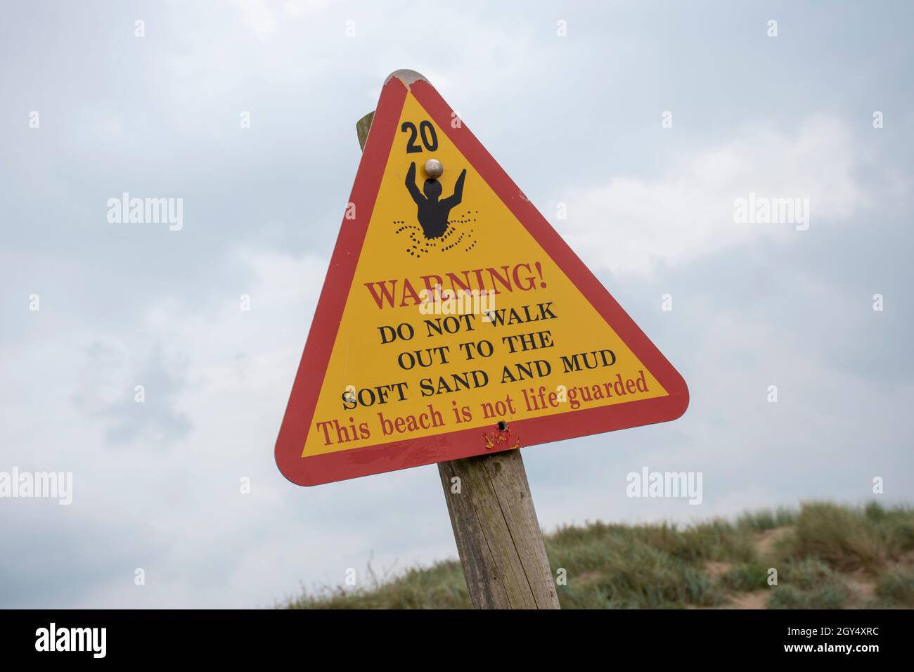 Soft sand and mud warning sign at Berrow Beach, Somerset UK Stock Photo ...