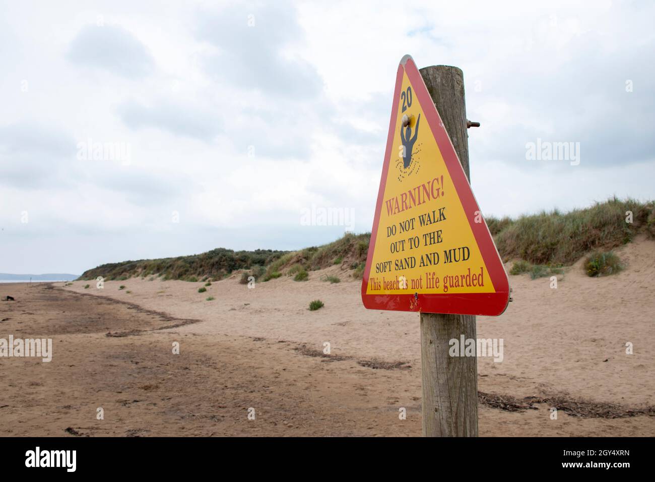 Soft sand and mud warning sign at Berrow Beach, Somerset UK Stock Photo ...