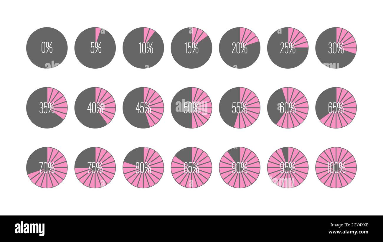 set of pie charts with a percentage sector from 0 to 100 in 5-point ...