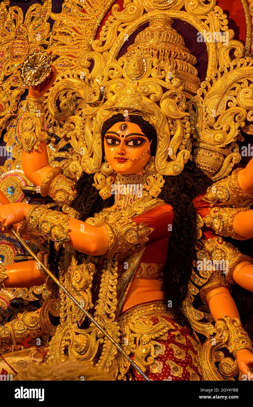 Goddess Durga idol decorated at puja pandal in Kolkata, West Bengal ...