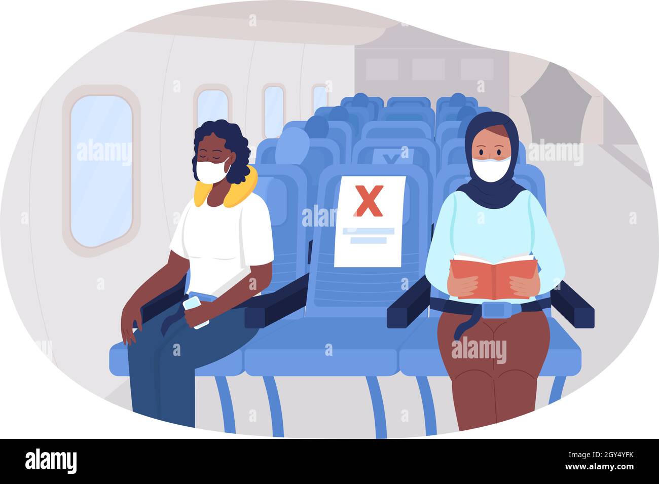 Airplane safe social distancing 2D vector isolated illustration Stock ...