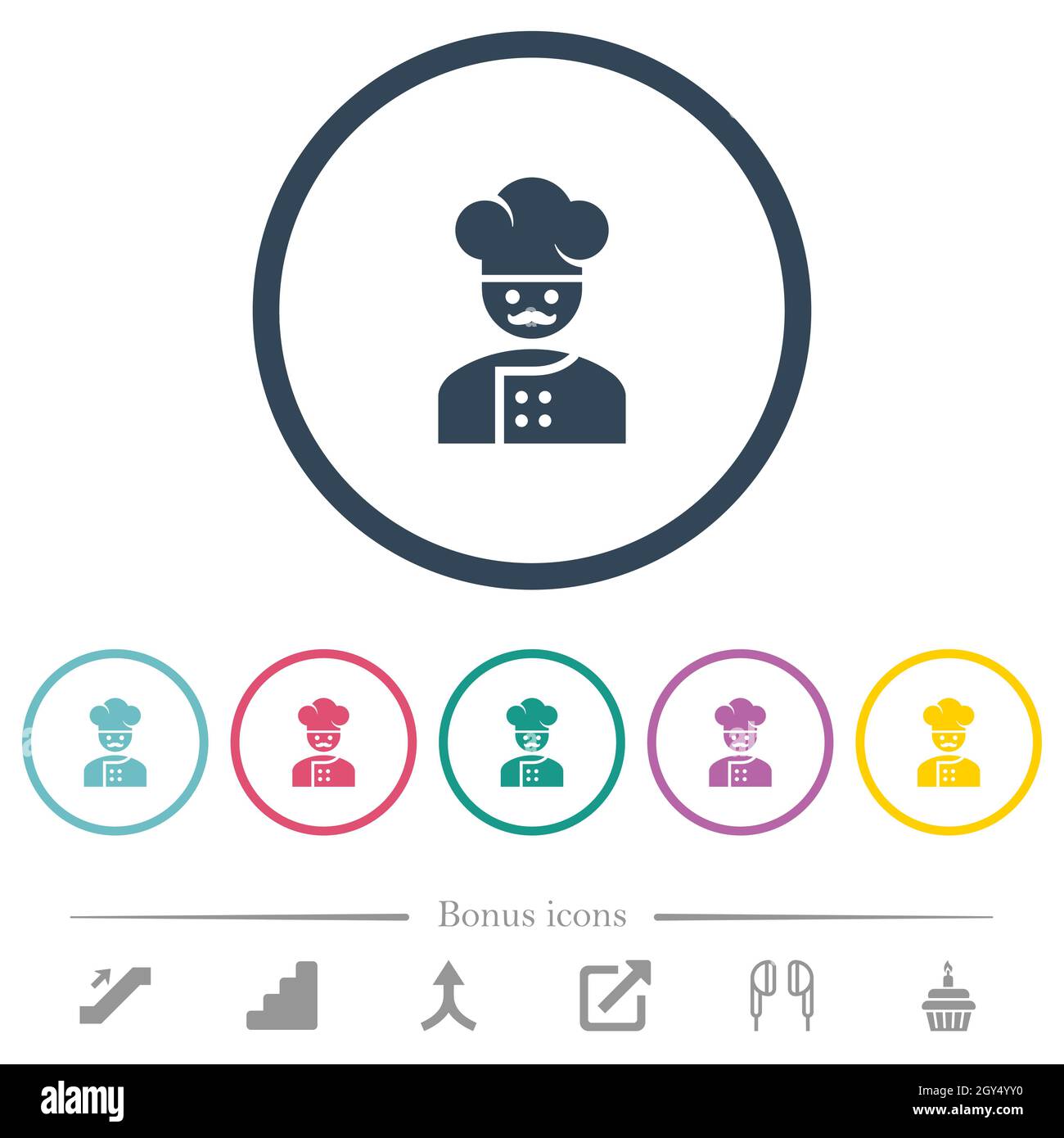 Master chef with mustache flat color icons in round outlines. 6 bonus ...