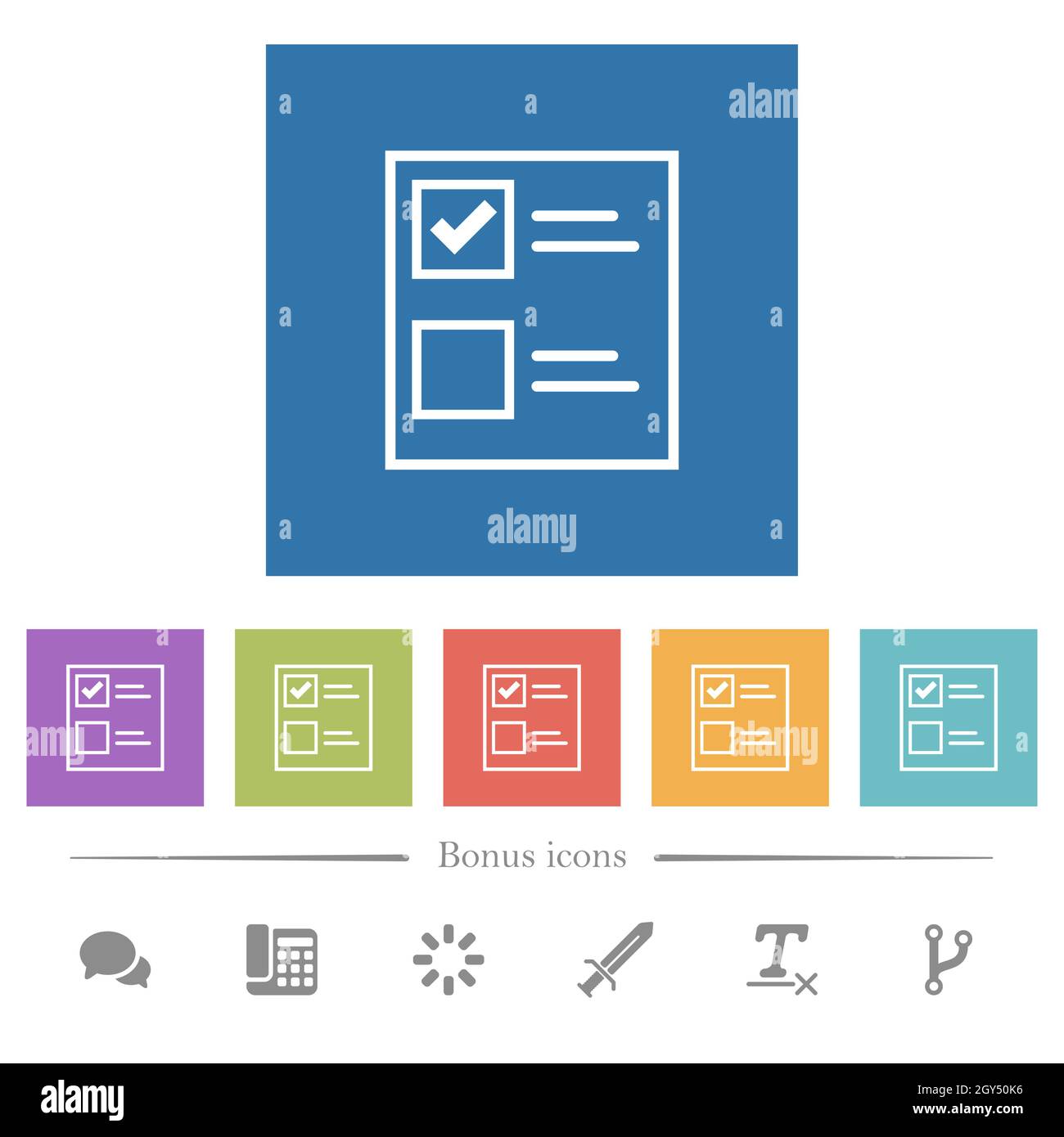 Ballot paper solid flat white icons in square backgrounds. 6 bonus ...