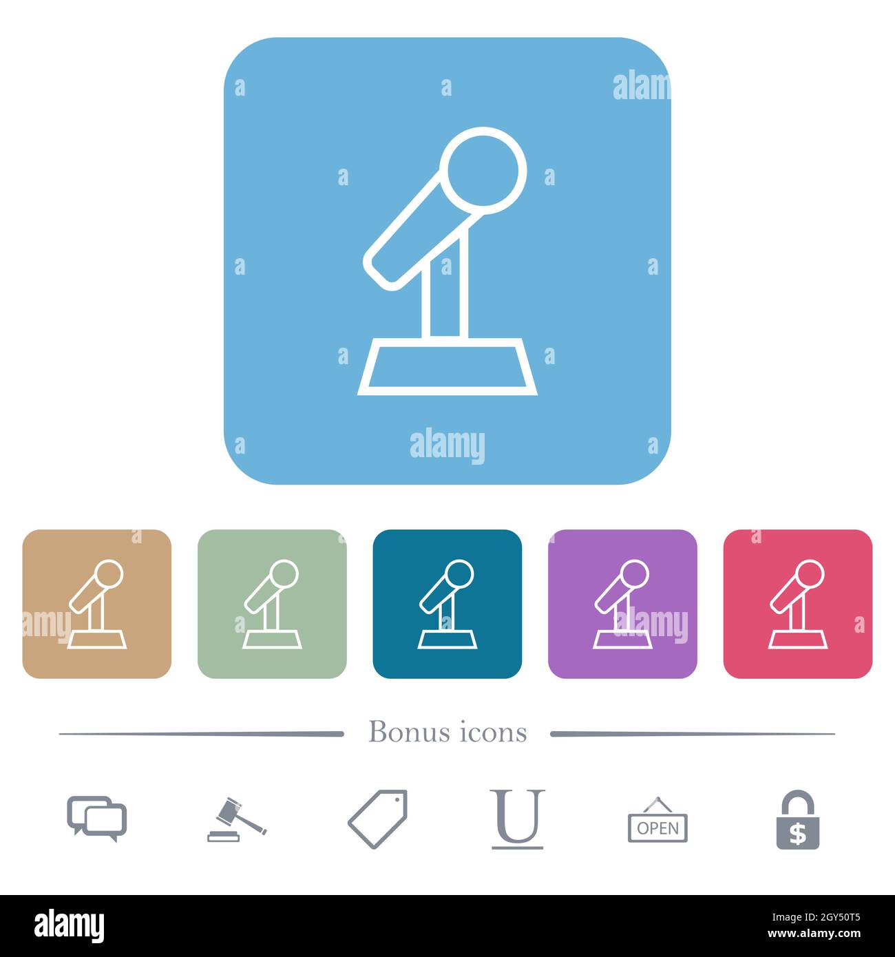 Microphone with stand outline white flat icons on color rounded square ...