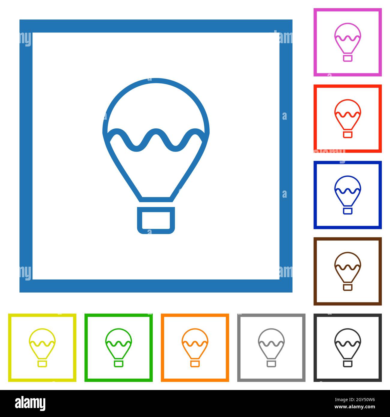 Air balloon outline flat color icons in square frames on white ...