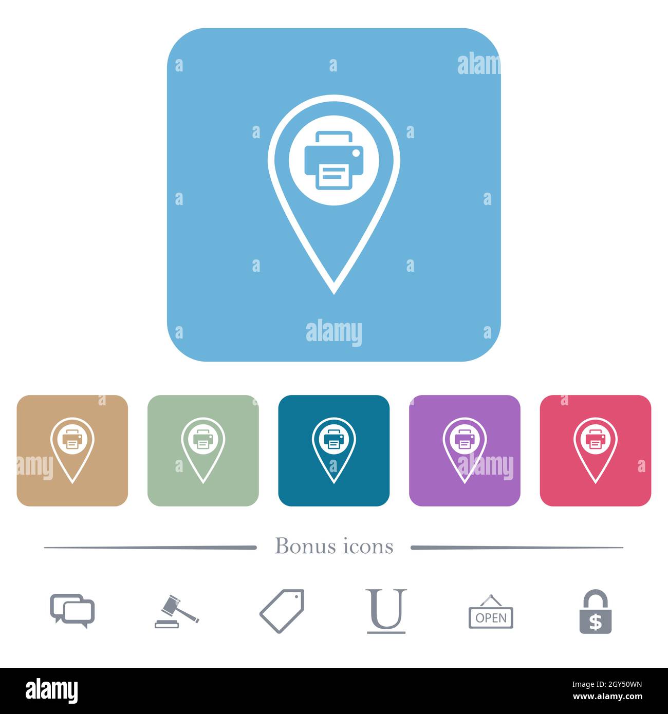 Print GPS location white flat icons on color rounded square backgrounds ...