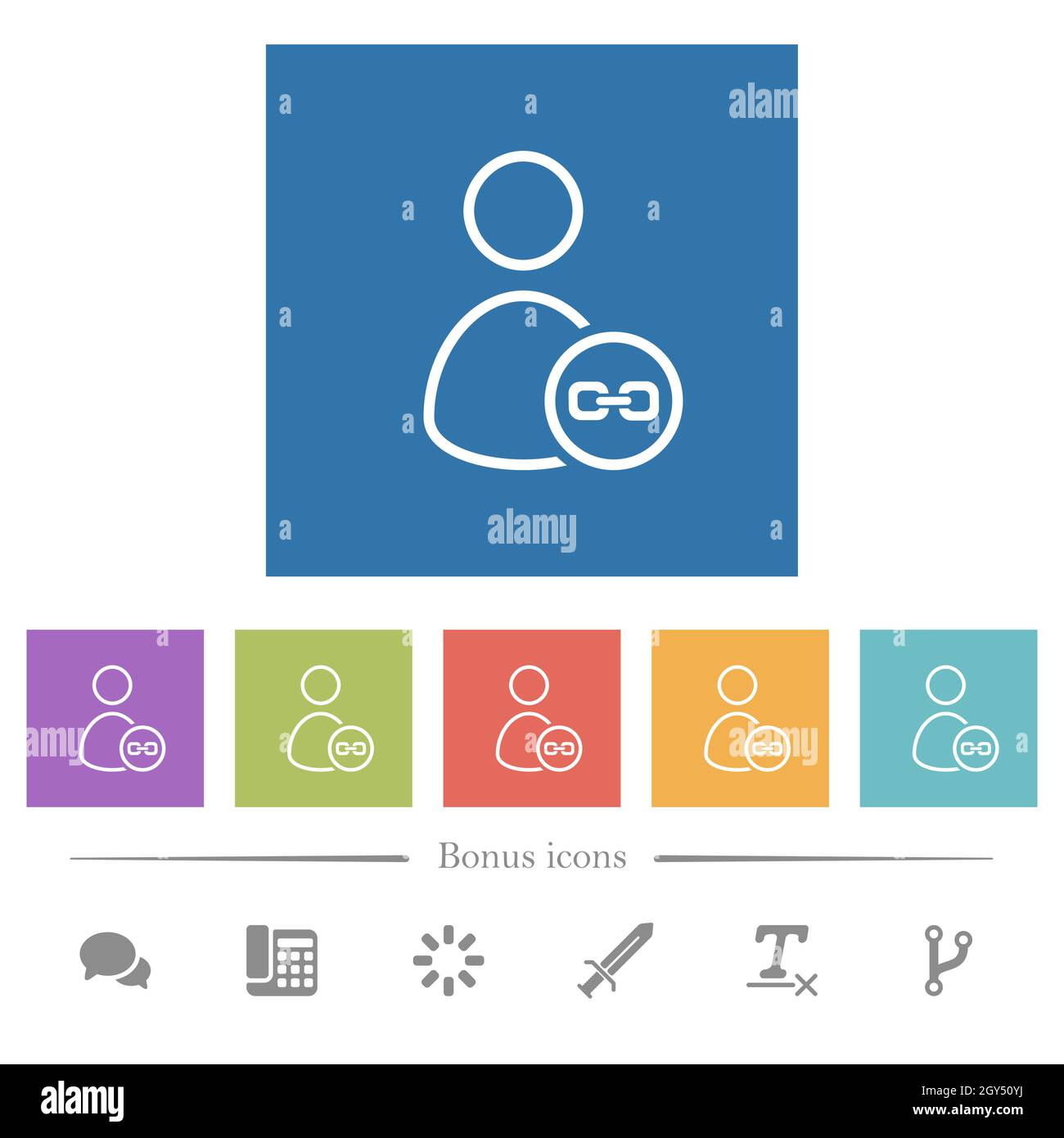 Link user outline flat white icons in square backgrounds. 6 bonus icons ...