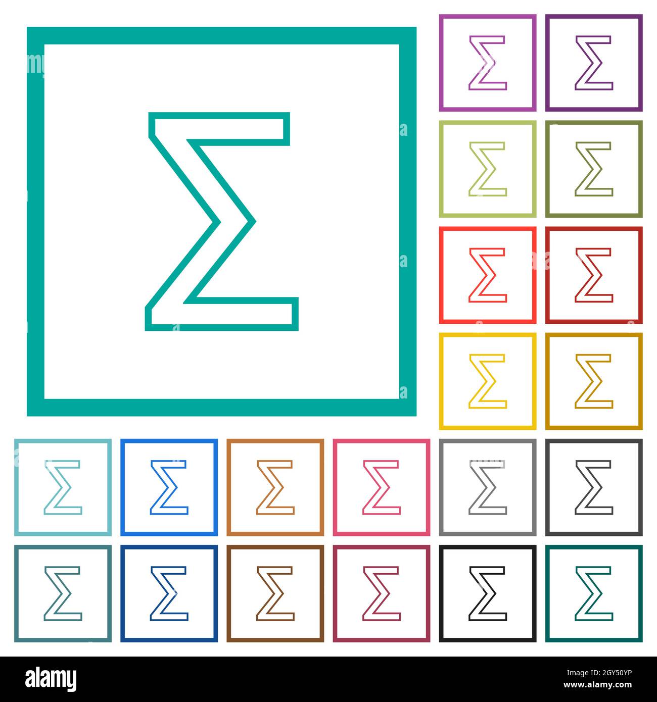 Sum symbol outline flat color icons with quadrant frames on white ...