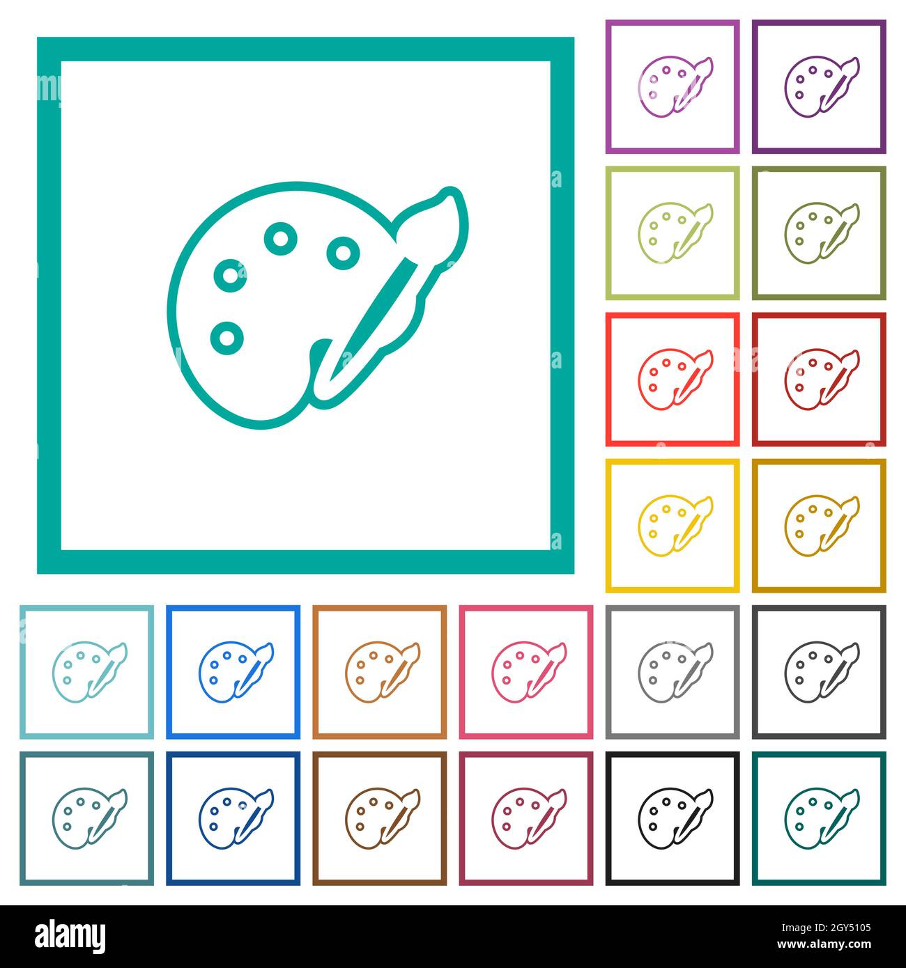 Paint kit outline flat color icons with quadrant frames on white ...