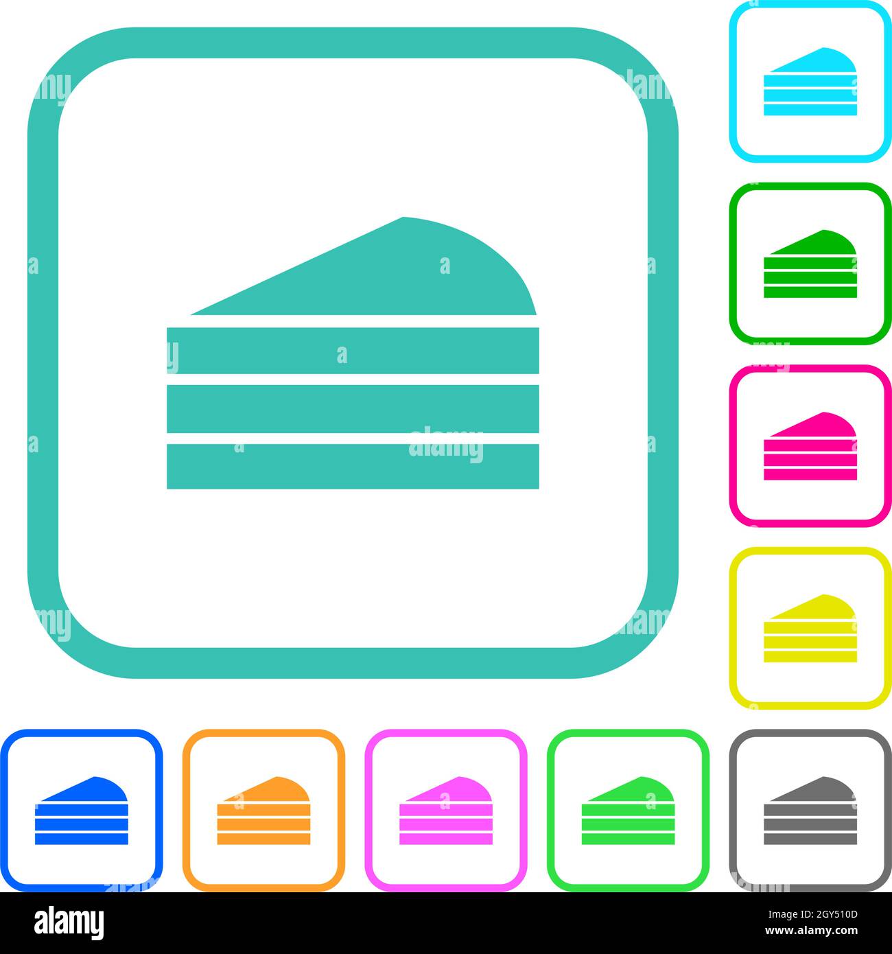 Slice of cake vivid colored flat icons in curved borders on white ...