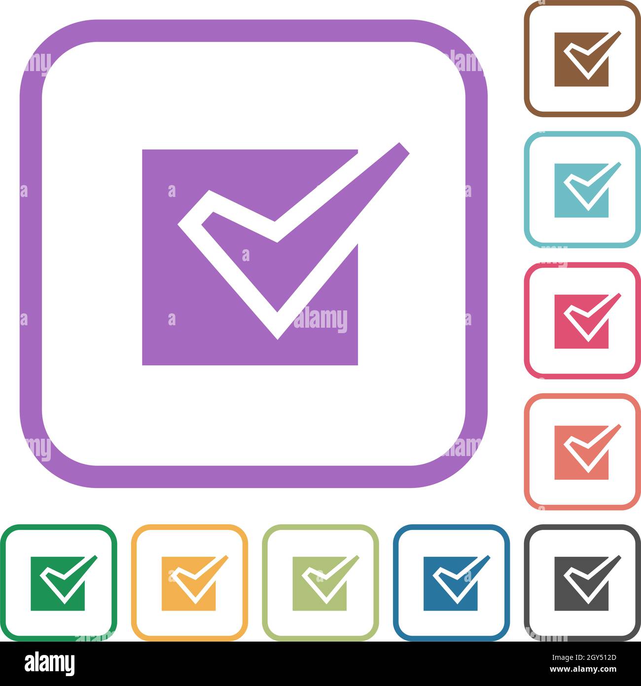 Checked box solid simple icons in color rounded square frames on white ...