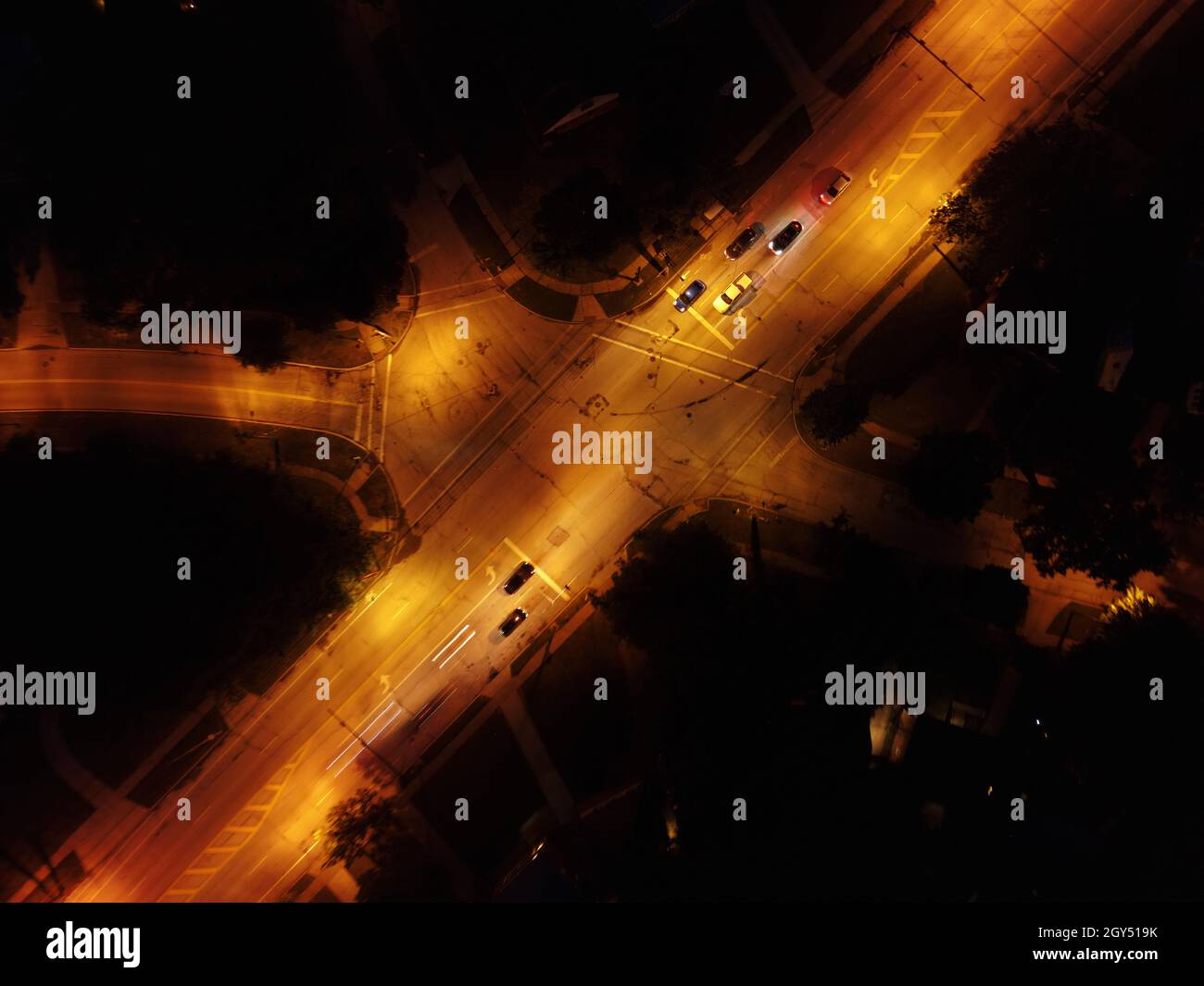 Aerial view of vehicles running on the highway at night Stock Photo - Alamy