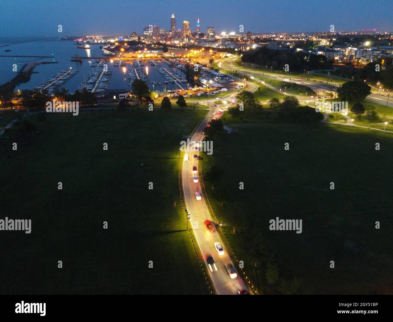 Aerial view of coastal buildings with sparkling night lights Stock ...