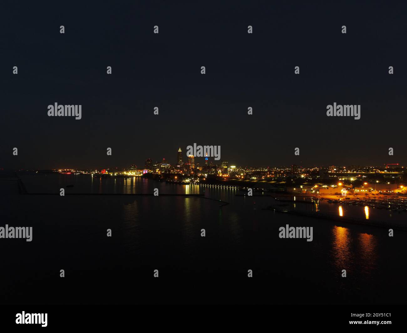 Aerial view of coastal buildings with sparkling night lights Stock ...