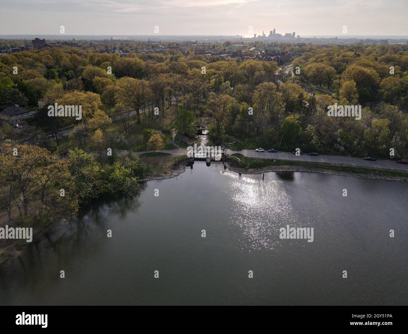 Aerial view of a lake beside the forest trees Stock Photo - Alamy