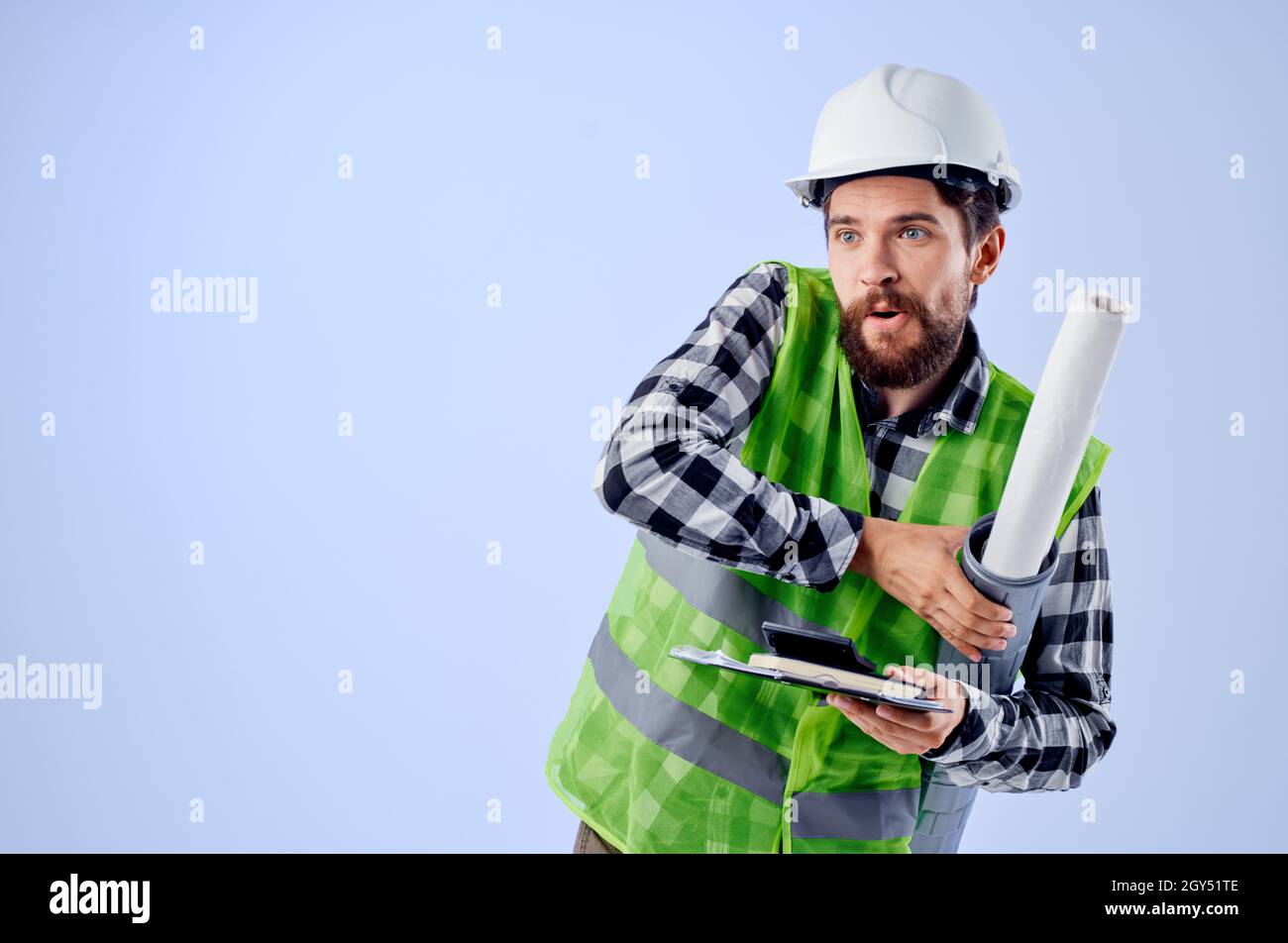 male builder construction work design profession blue background Stock ...