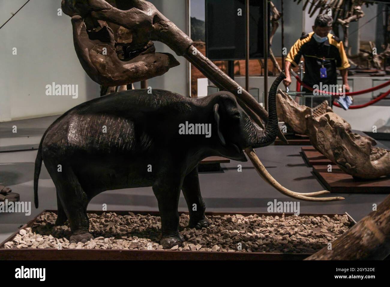Bandung, Indonesia. 07th Oct, 2021. A worker cleans a display of an ...