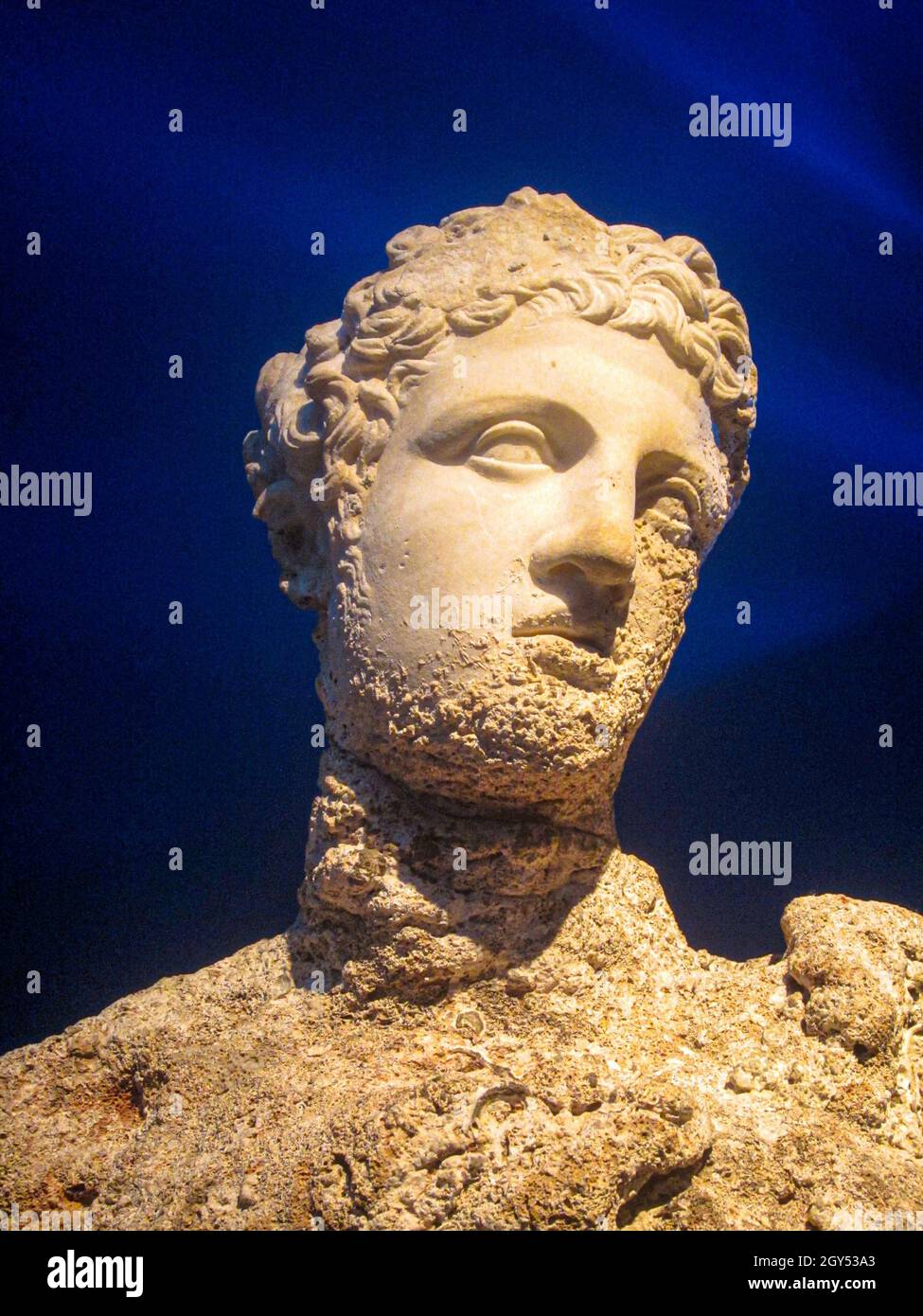 Vertical shot of the face of Alexander the Great statue against a blue ...