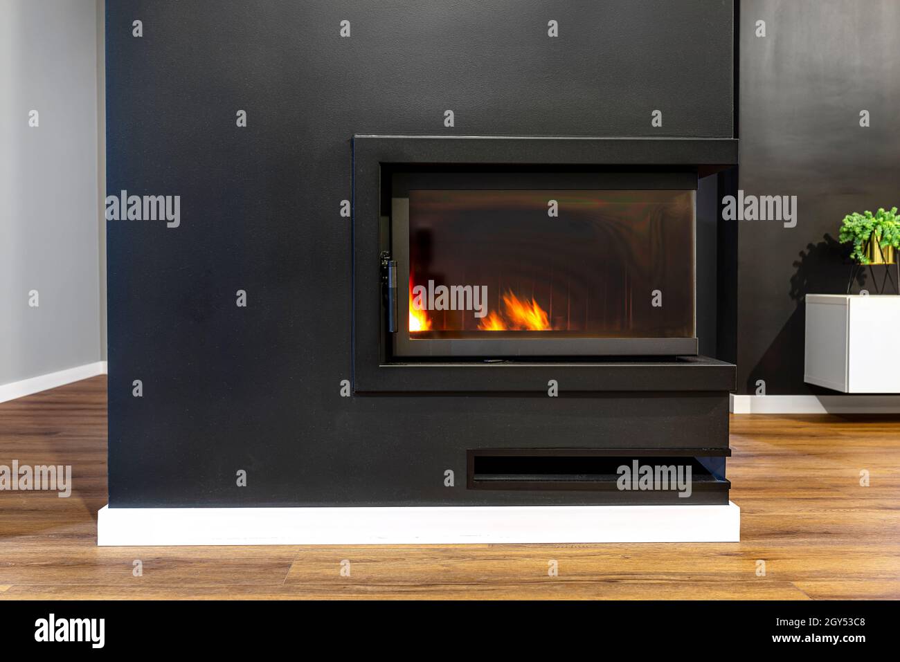 Burning wood in a modern fireplace with a closed combustion chamber ...