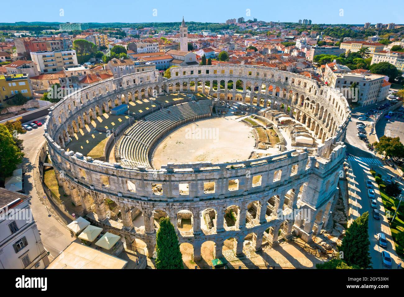 Arena Pula Ancient Ruins Of Roman Amphitheatre In Pula Aerial View Arena Pula Ancient Ruins Of Roman Amphitheatre In Pula Aerial View