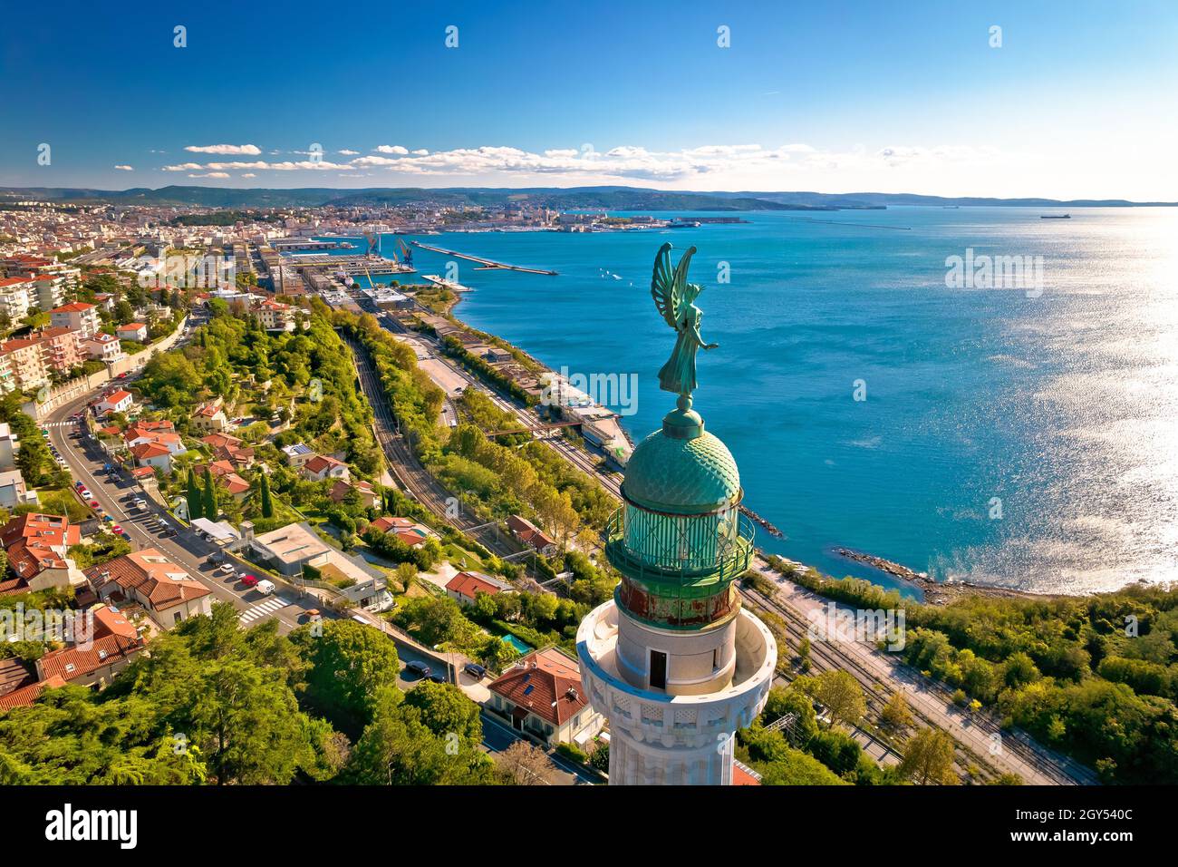 Trieste lighthouse Phare de la Victoire and cityscape panoramic aerial ...