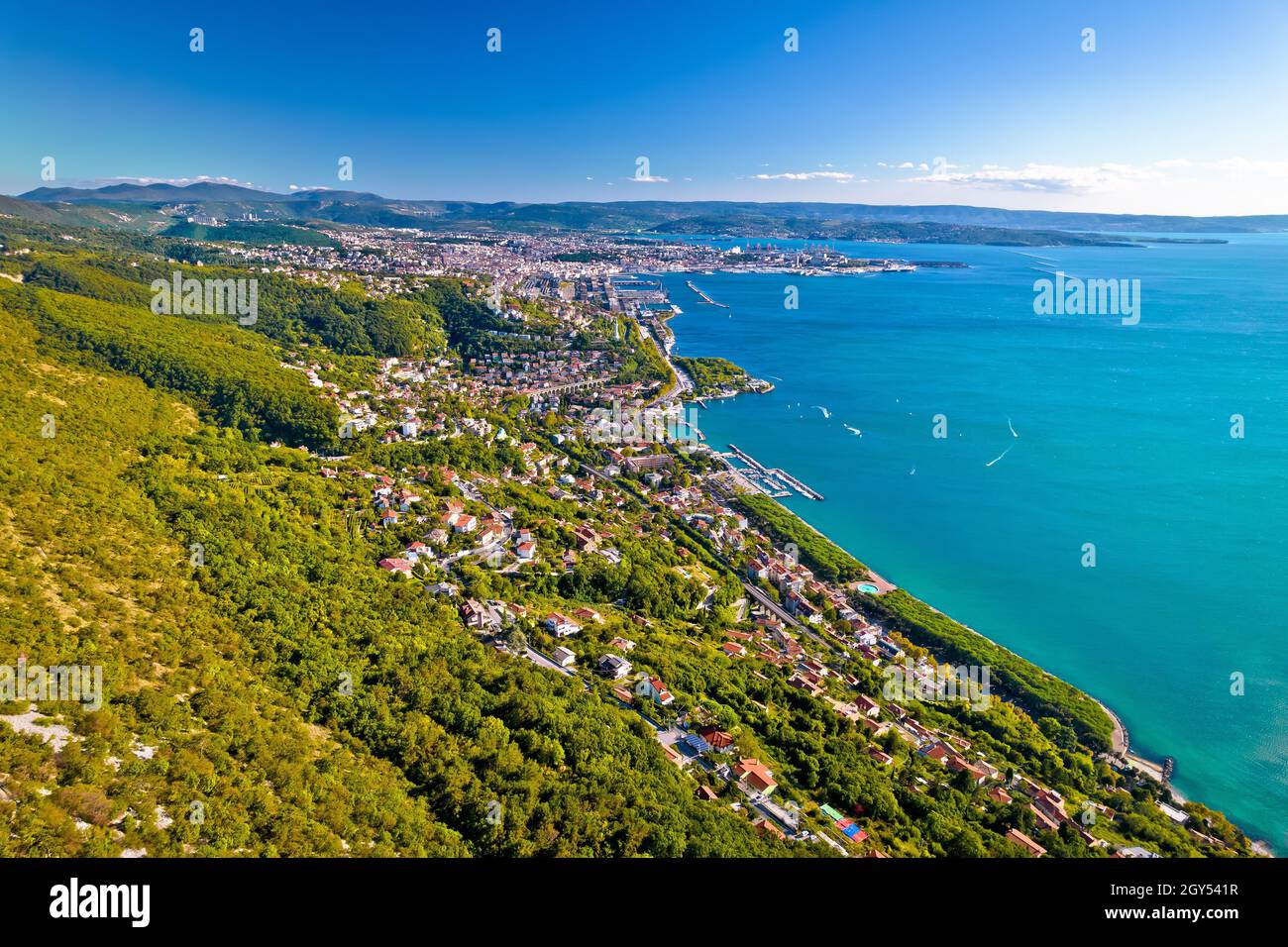 Aerial view of Trieste coastline from Monte Grisa view, Friuli Venezia ...
