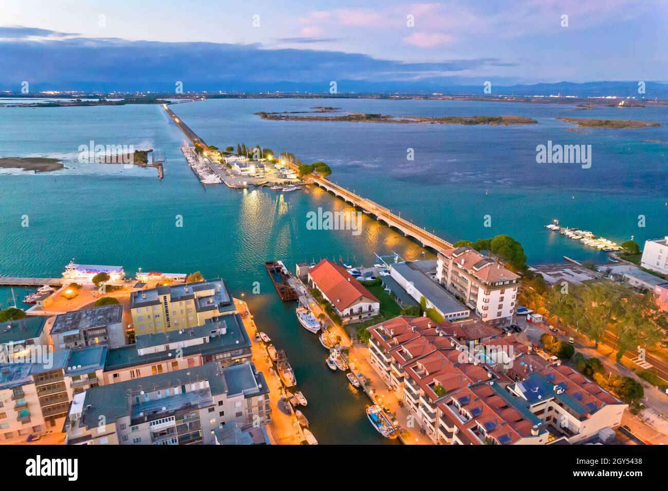 Town of Grado archipelago and bridge to mainland aerial evening view ...