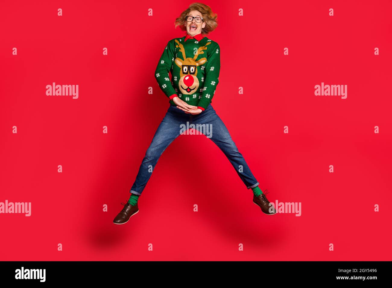 Full length body size view of nice funky cheerful guy nerd jumping ...