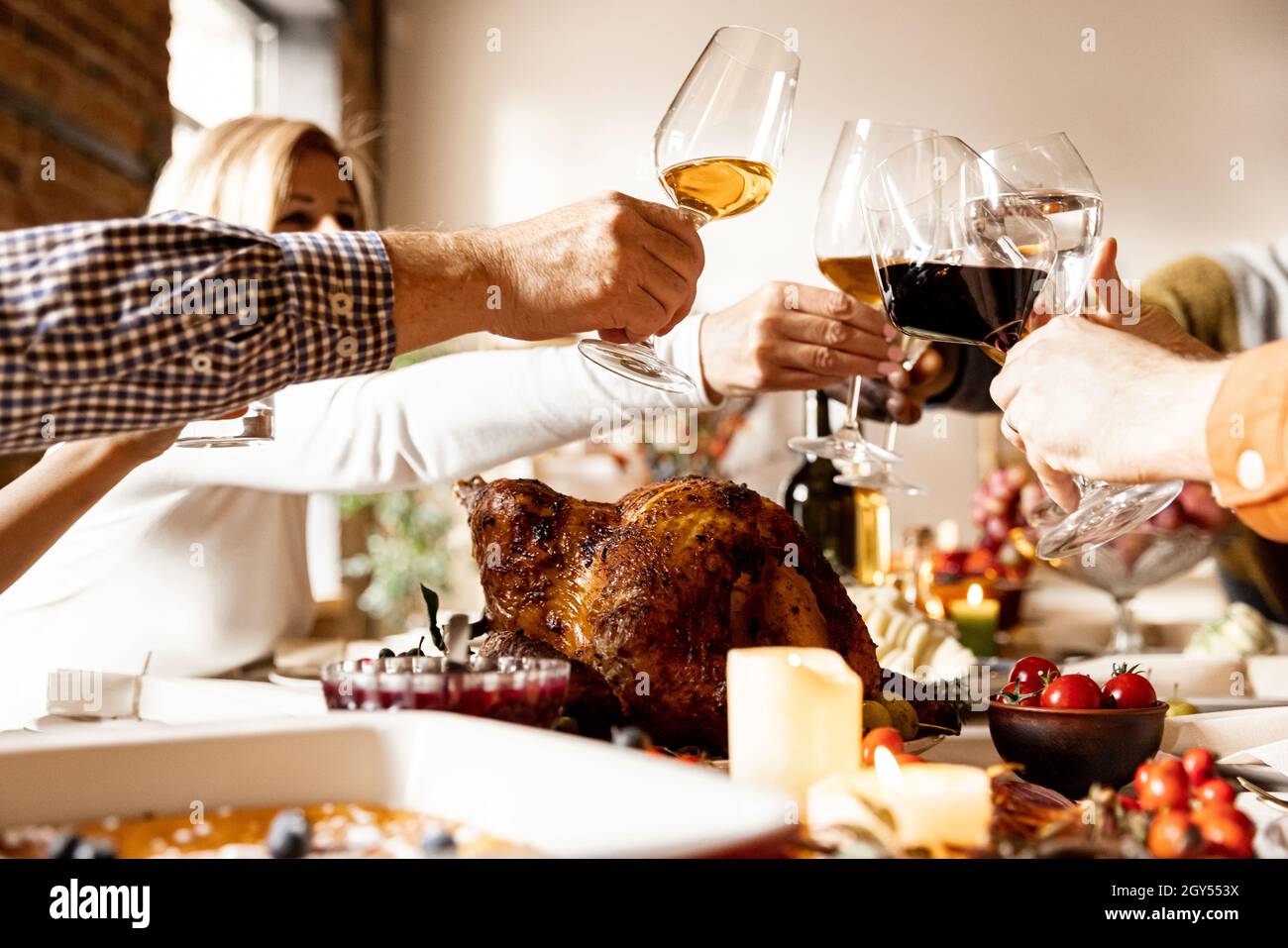 Close-up happy multiethnic big family celebrate Thanksgiving day ...