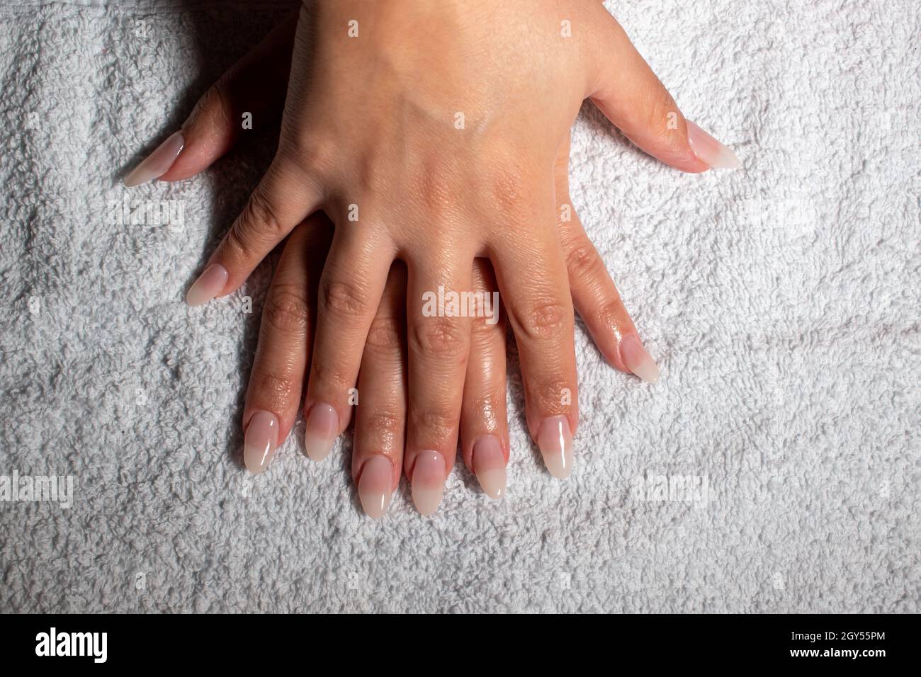 Top view of female hands with elegant and natural design manicure Stock ...
