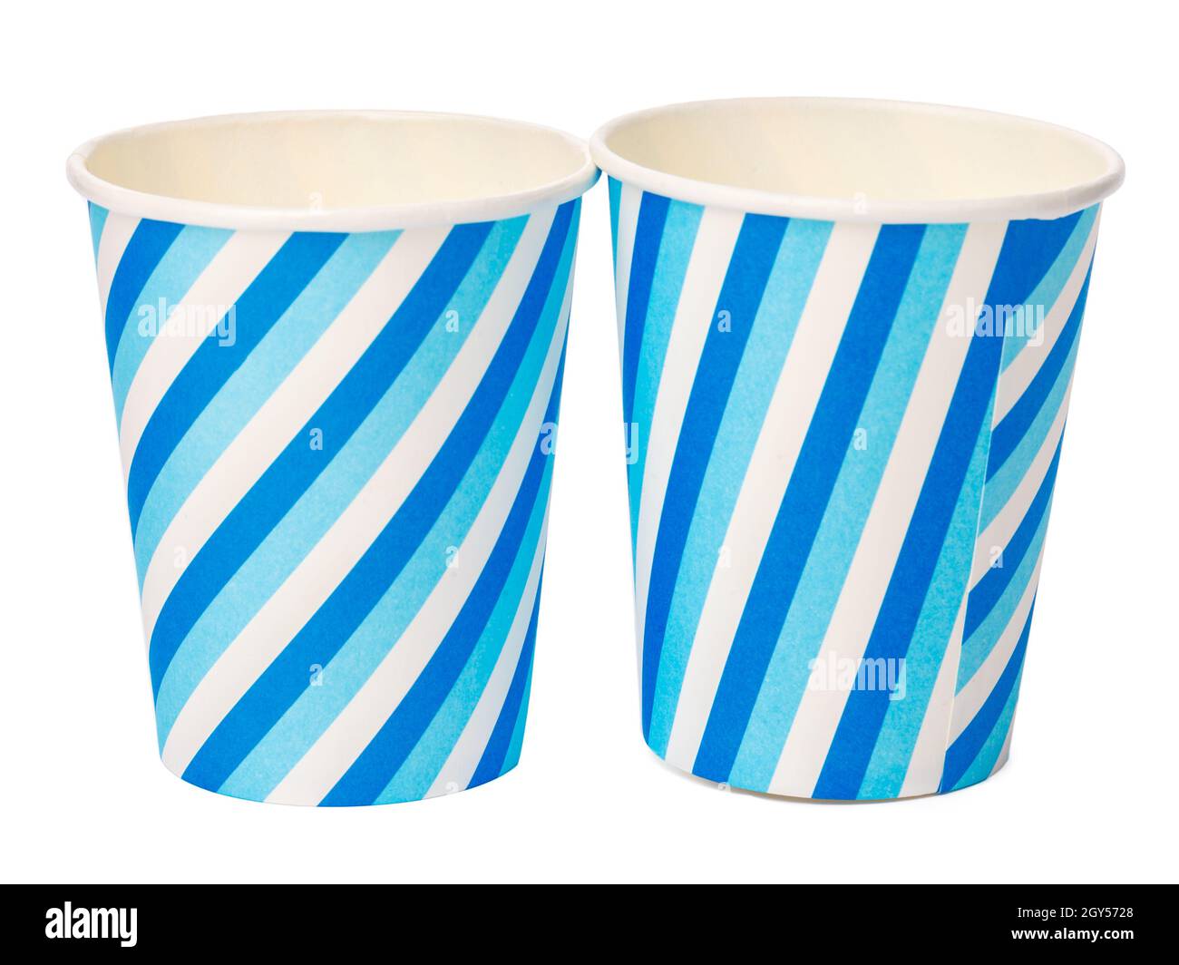 Cardboard cups decorated with blue lines pattern isolated on white ...