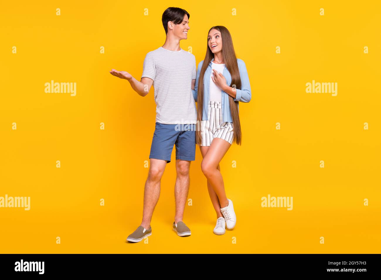 Full length body size view of attractive cheerful couple dating talking ...