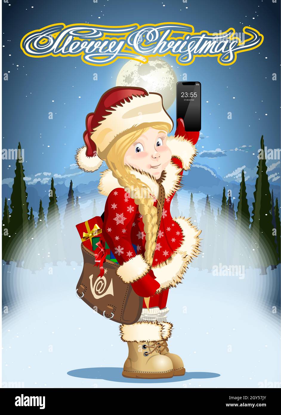 Vector greeting Christmas card with cartoon Snow Maiden - Postman ...