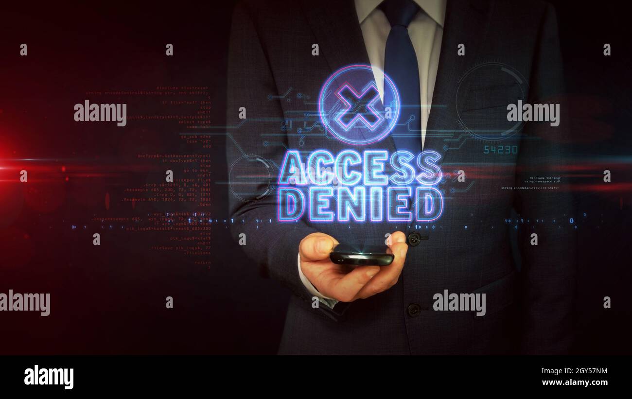 Access Denied neon sign concept, cyber security and system protection. Glowing text. Futuristic ...