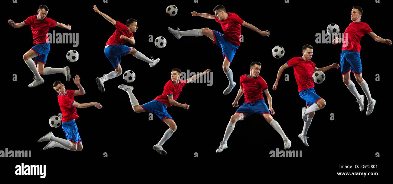 Young man, male soccer football player in motion, training isolated ...