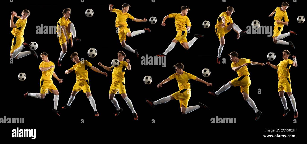 Collage of movements Young man, male soccer football player in motion ...