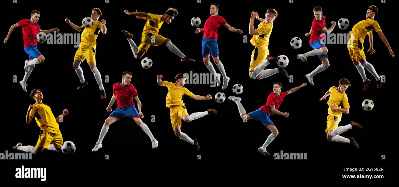 Collage of movements. Two young men, male soccer football players in ...