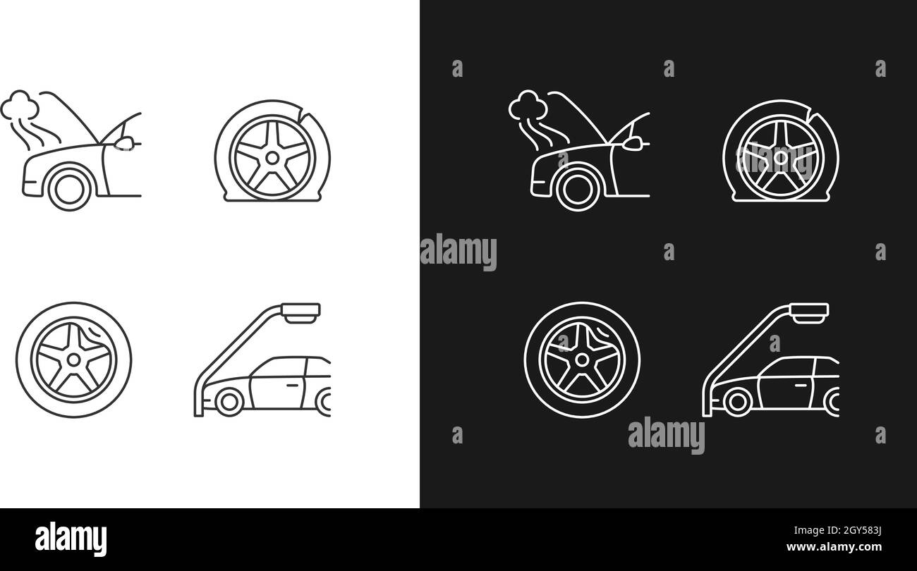 Vehicle damage in car accident cases linear icons set for dark and ...