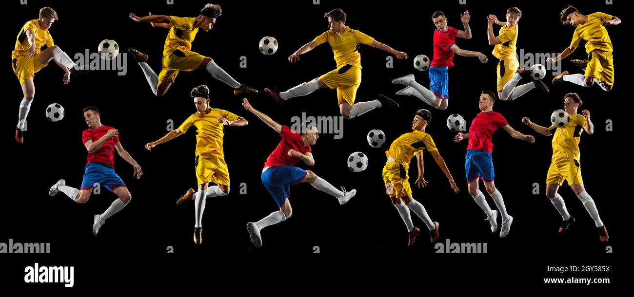 Collage of movements. Two young men, male soccer football players in ...