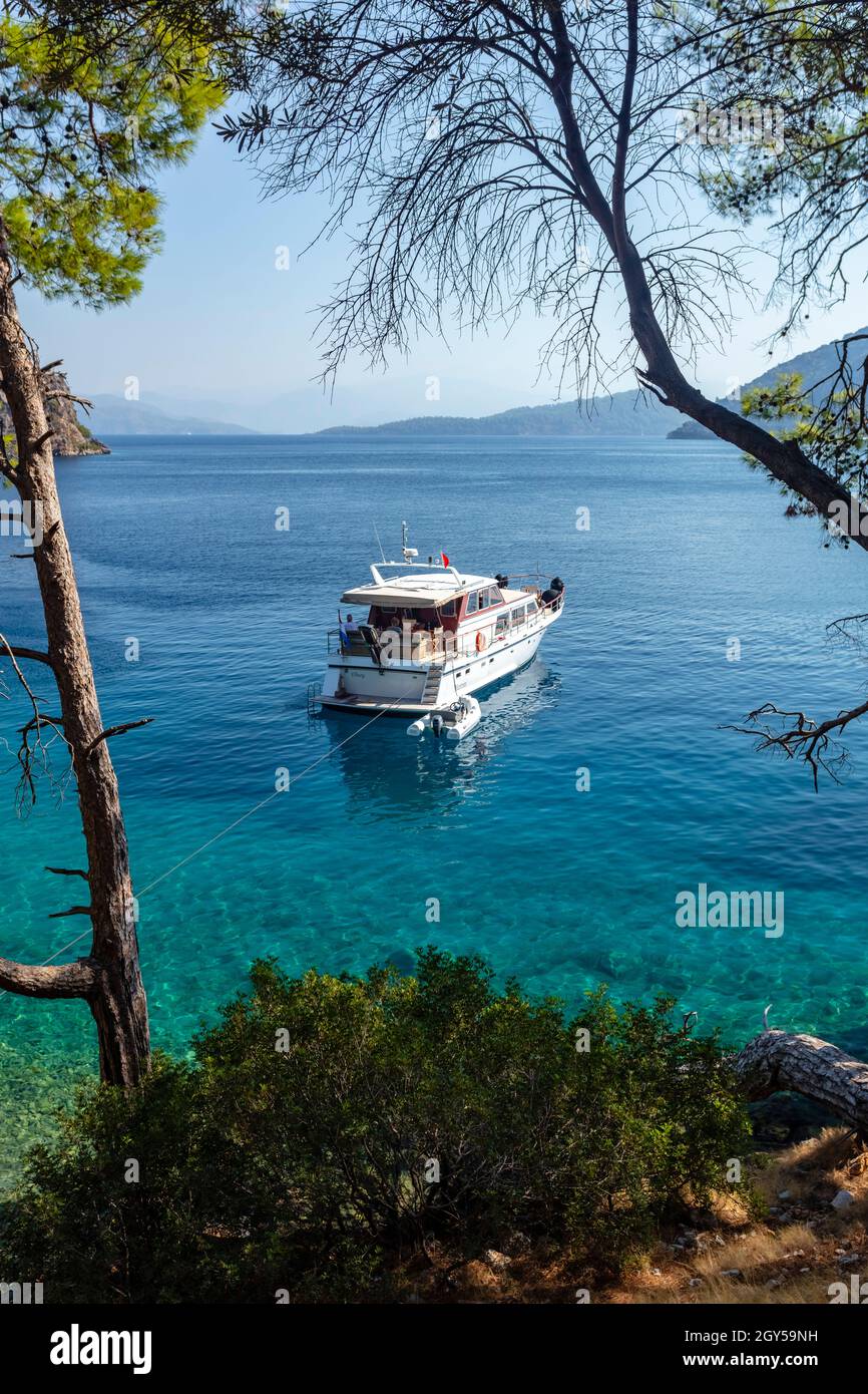 Classic motor yacht in Fethiye Bay, Turkey Stock Photo - Alamy