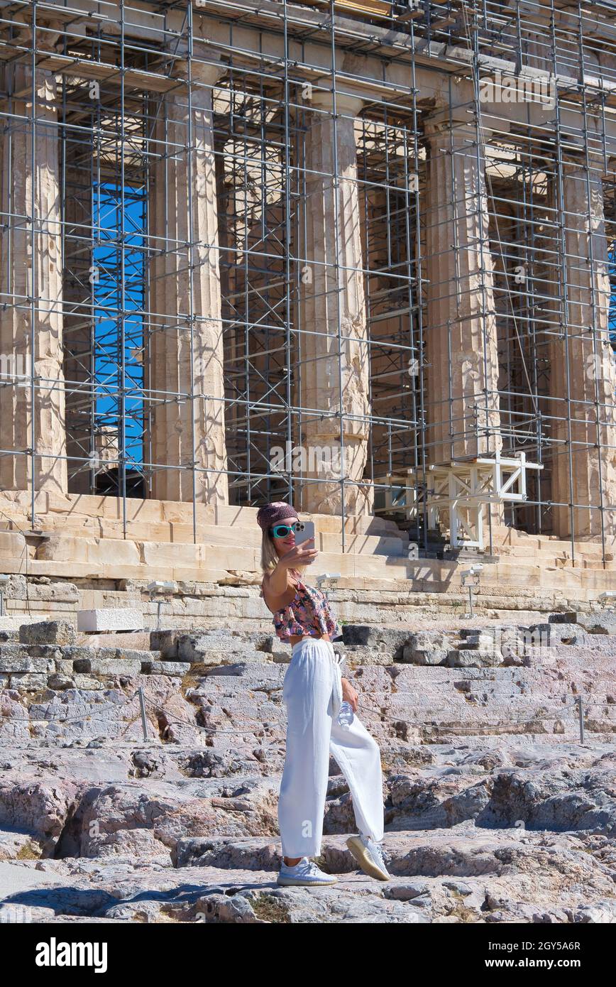 ATHENS, GREECE - Sep 26, 2021: Acropolis, Parthenon, beautiful girl ...