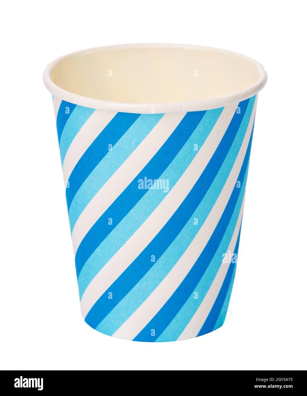 Cardboard cups decorated with blue lines pattern isolated on white ...