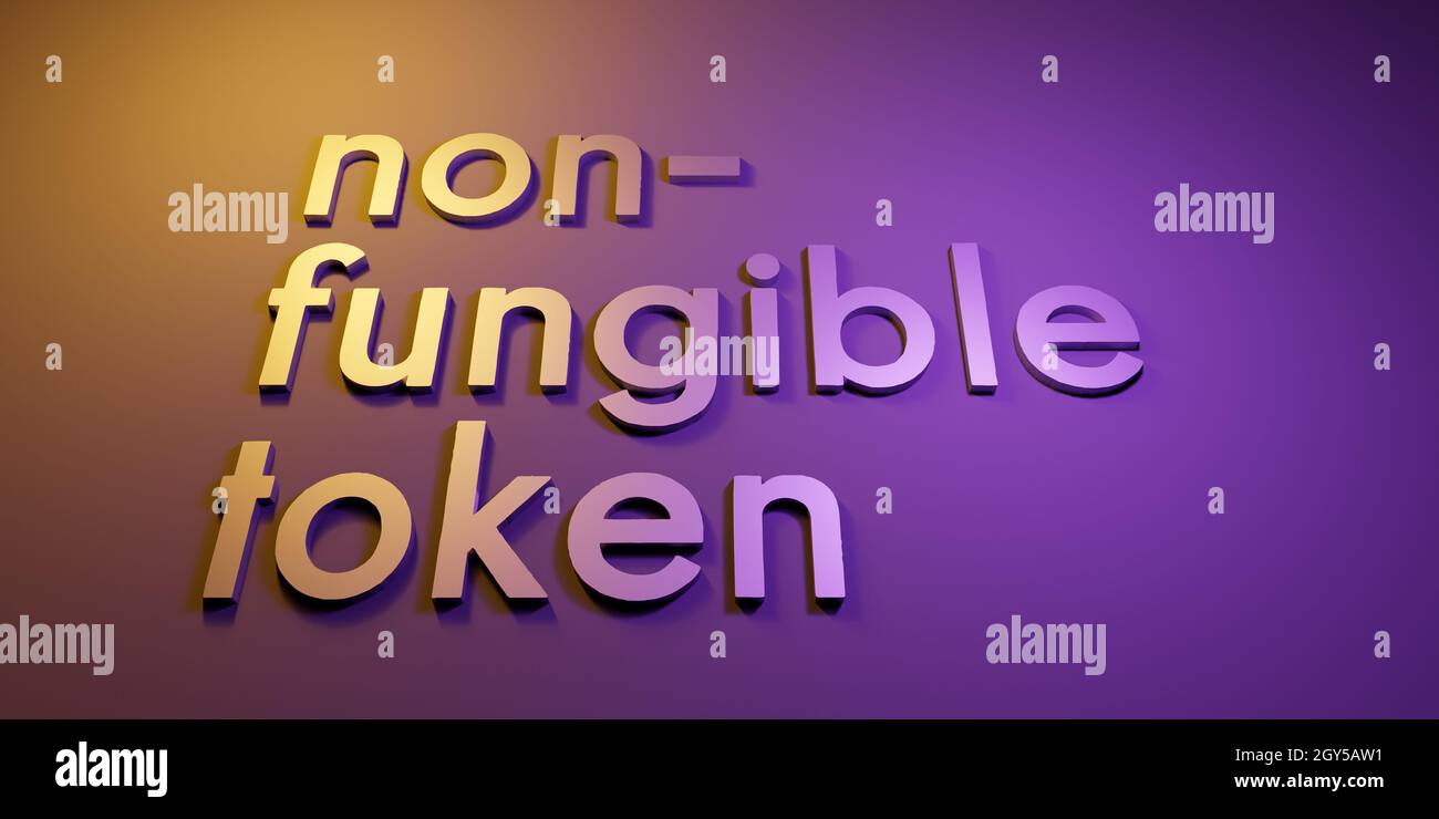 Non-fungible token (NFT) word and letters in yellow and purple color ...